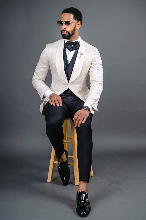 CHAMPAGNE WHITE AND BLACK 3PIECE JACQUARD TUXEDO - Stanlion Best ...